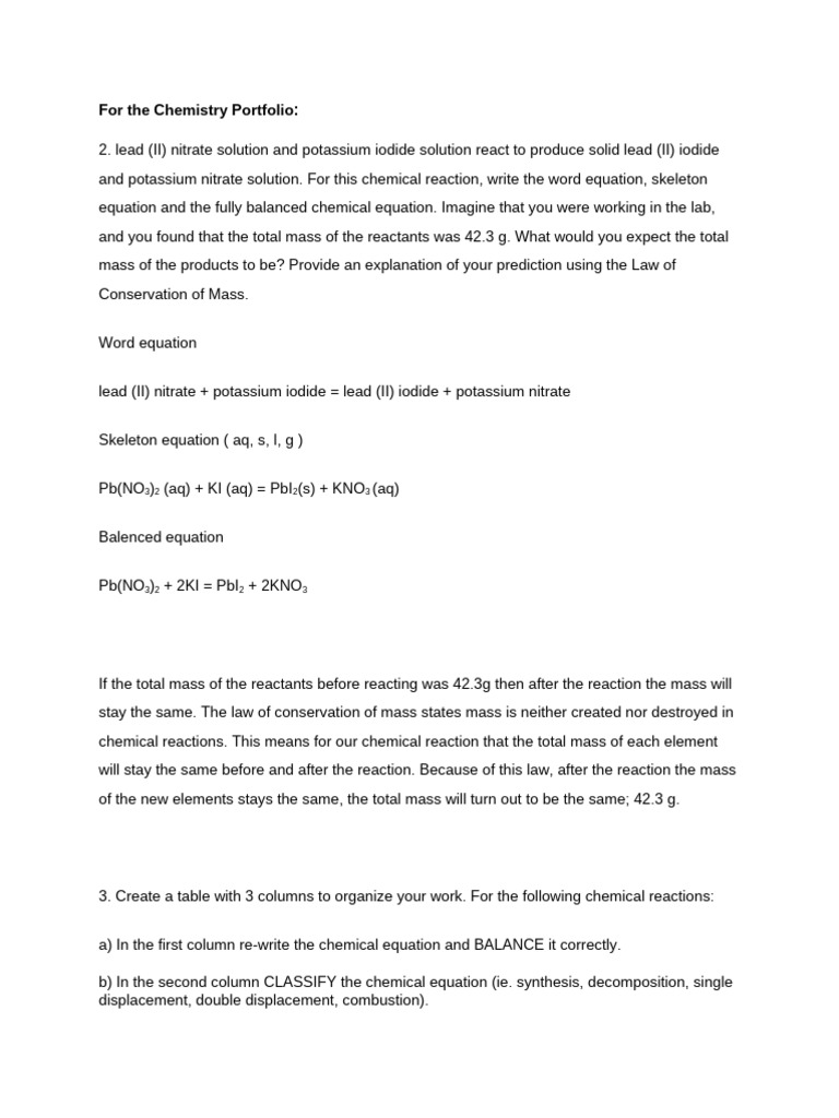 Chemistry Portfolio Questions | PDF | Chemical Reactions | Combustion