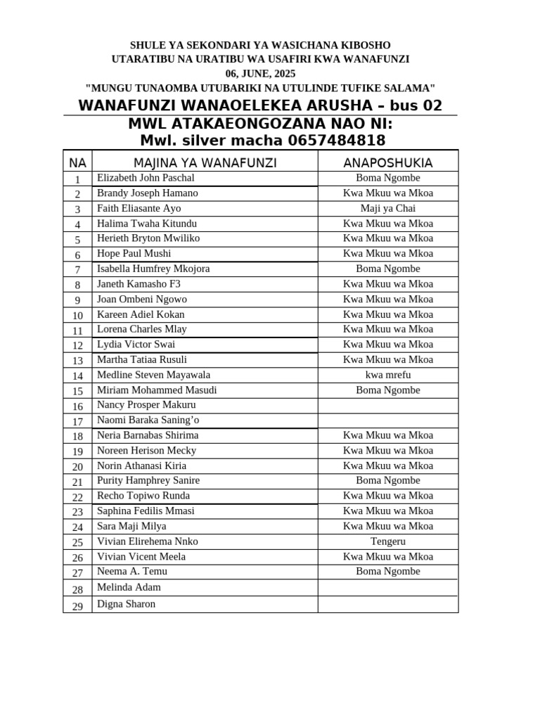 Arusha Bus 02 Mwl. Macha 0657484818 | PDF