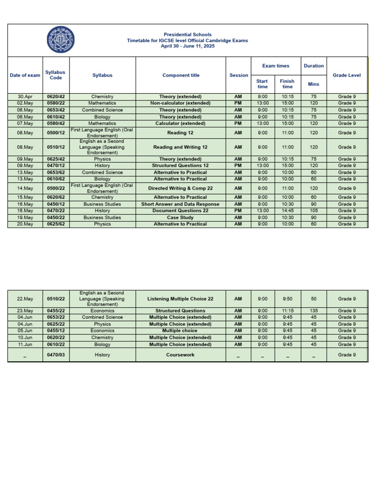 Grade 9 Cambridge Exam Timetable 2025.Xlsx - IGCSE | PDF | Educational ...