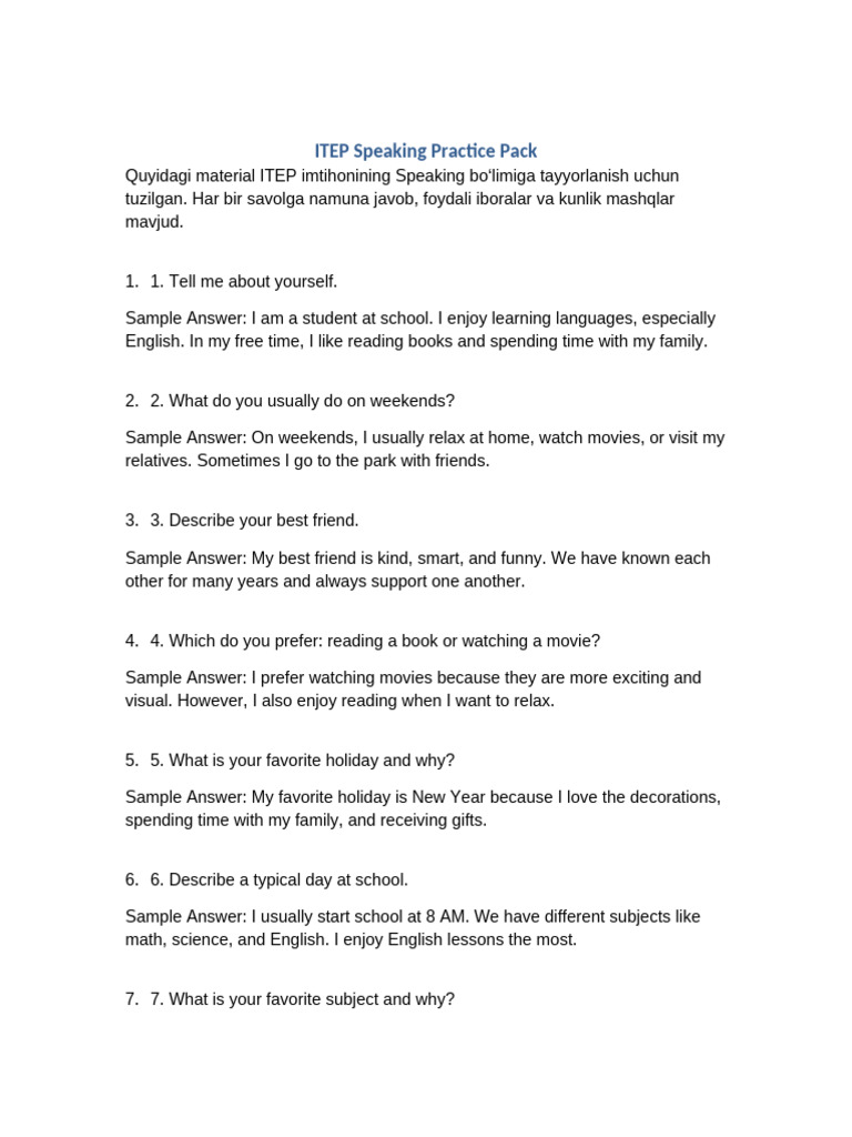 ITEP Speaking Practice Pack | PDF
