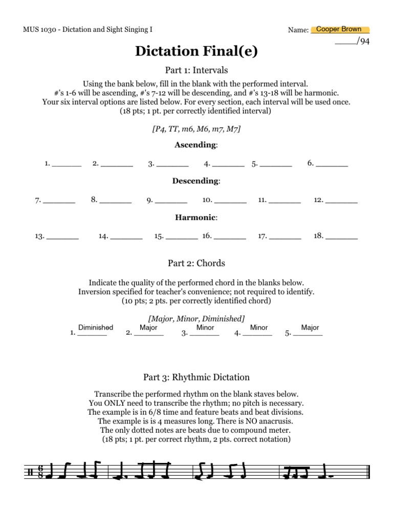 Dictation Final 1030B SP 25 STUDENT - Full Score | PDF | Interval ...