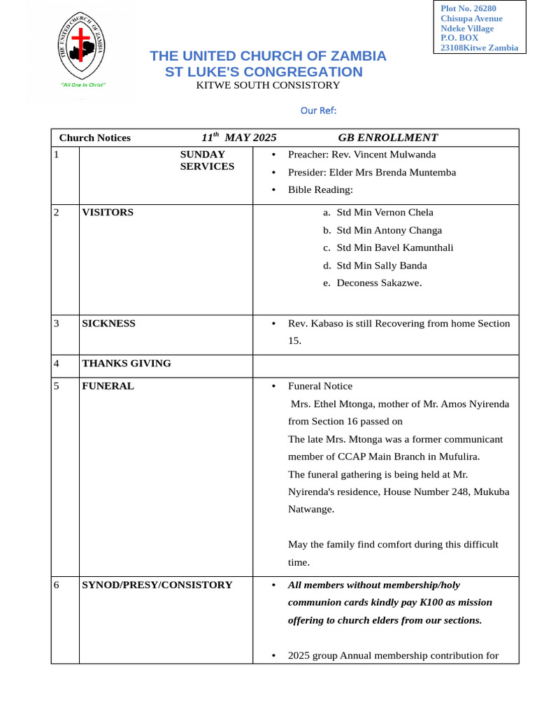 11-05-2025 The United Church Zambia ST Lukes Church Notices | PDF ...