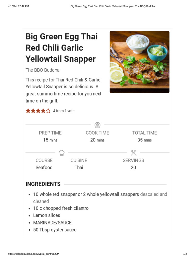 Big Green Egg Thai Red Chili Garlic Yellowtail Snapper - The BBQ Buddha ...