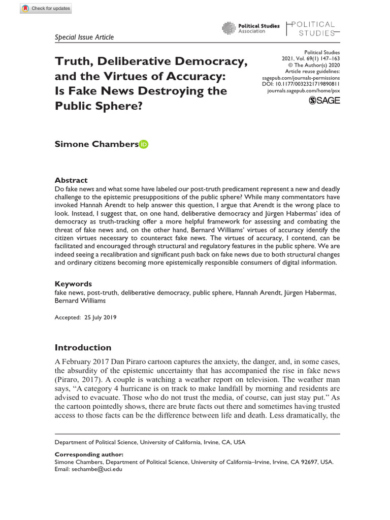 Chambers 2020 Truth Deliberative Democracy and The Virtues of Accuracy Is Fake News Destroying ...