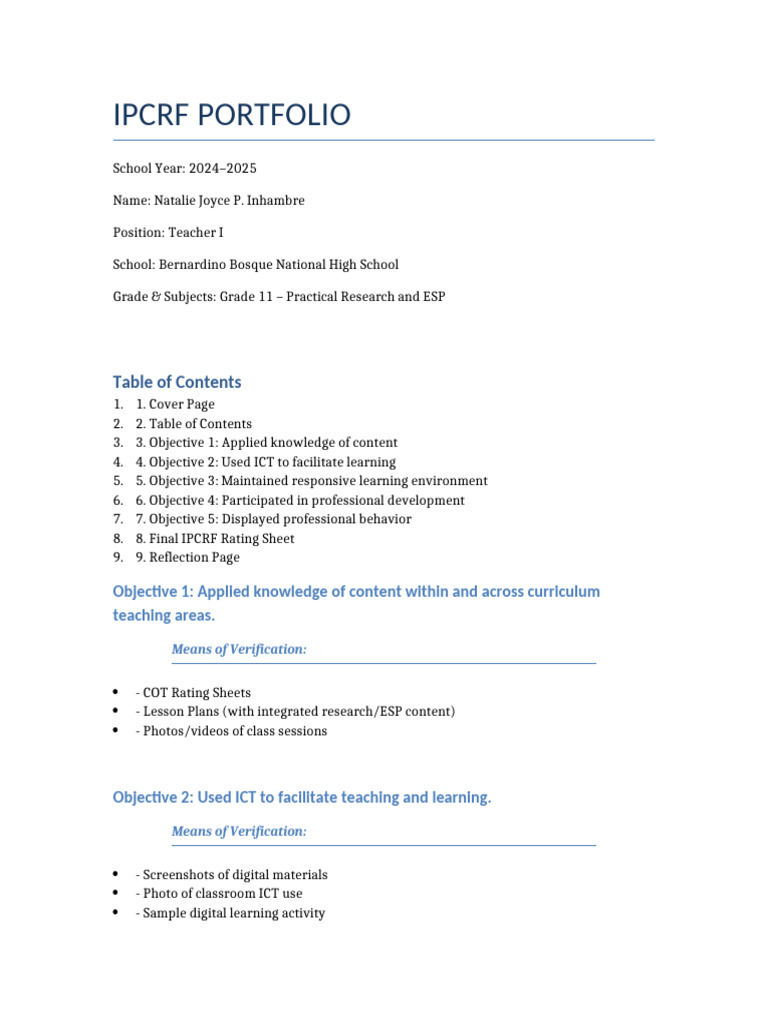 IPCRF Portfolio Template SY2024-2025 | PDF