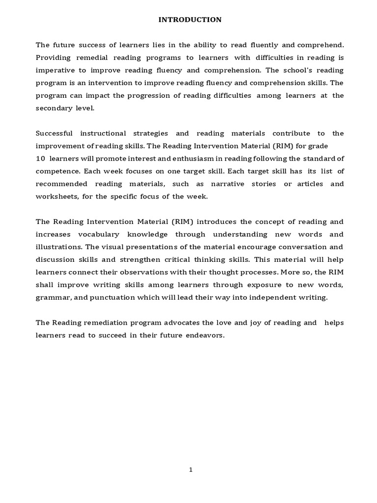 Grade 10 Reading Intervention Program | PDF | Running | Reading ...