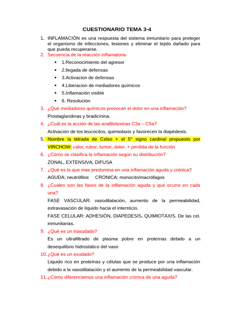 Cuest. Tema 3-4 F1 | PDF | Inflamación | Edema