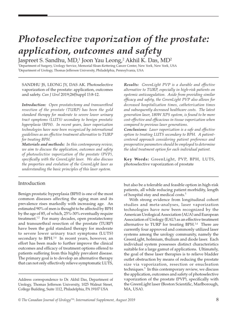 Photoselective Vaporization of The Prostate - Application, Outcomes and ...