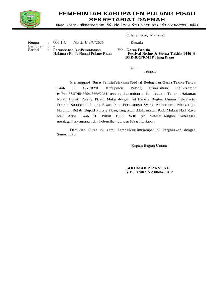 Surat Balasan Pinjam Pakai Setda Nuzulul | PDF