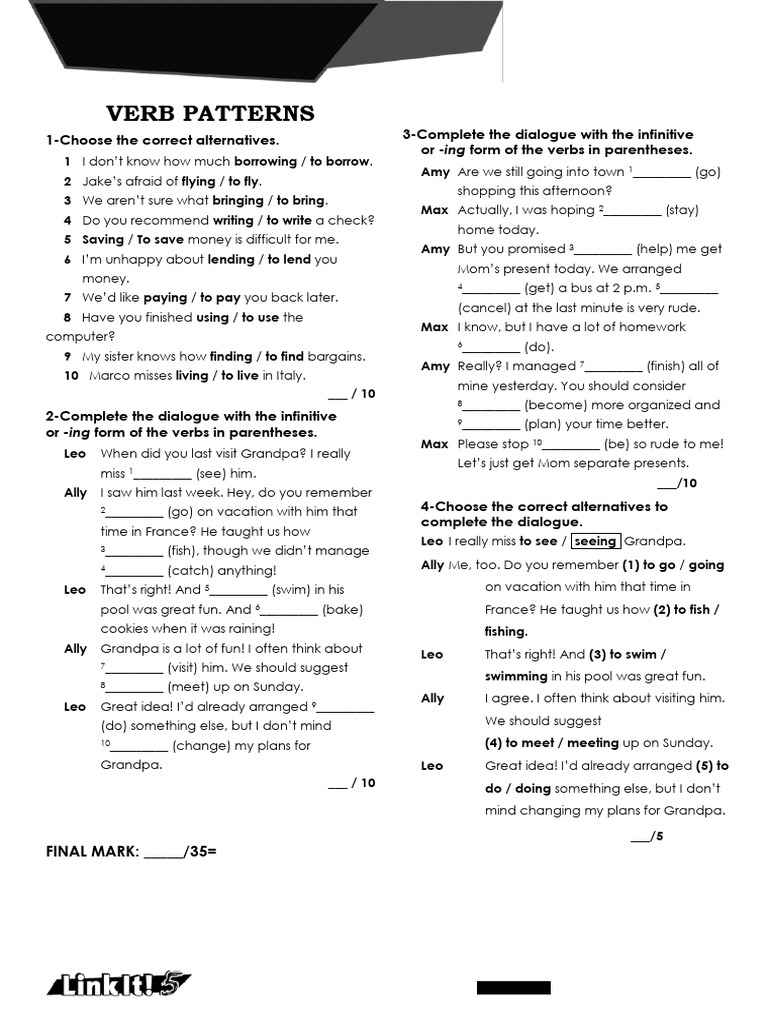 ENGLISH EXAM-VERB PATTERNS-5th Year | PDF