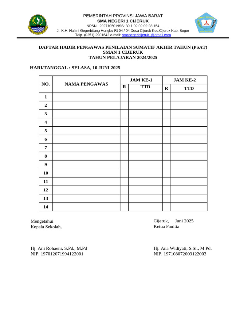 Daftar Hadir Pengawas Ruang Psat 24 25 | PDF