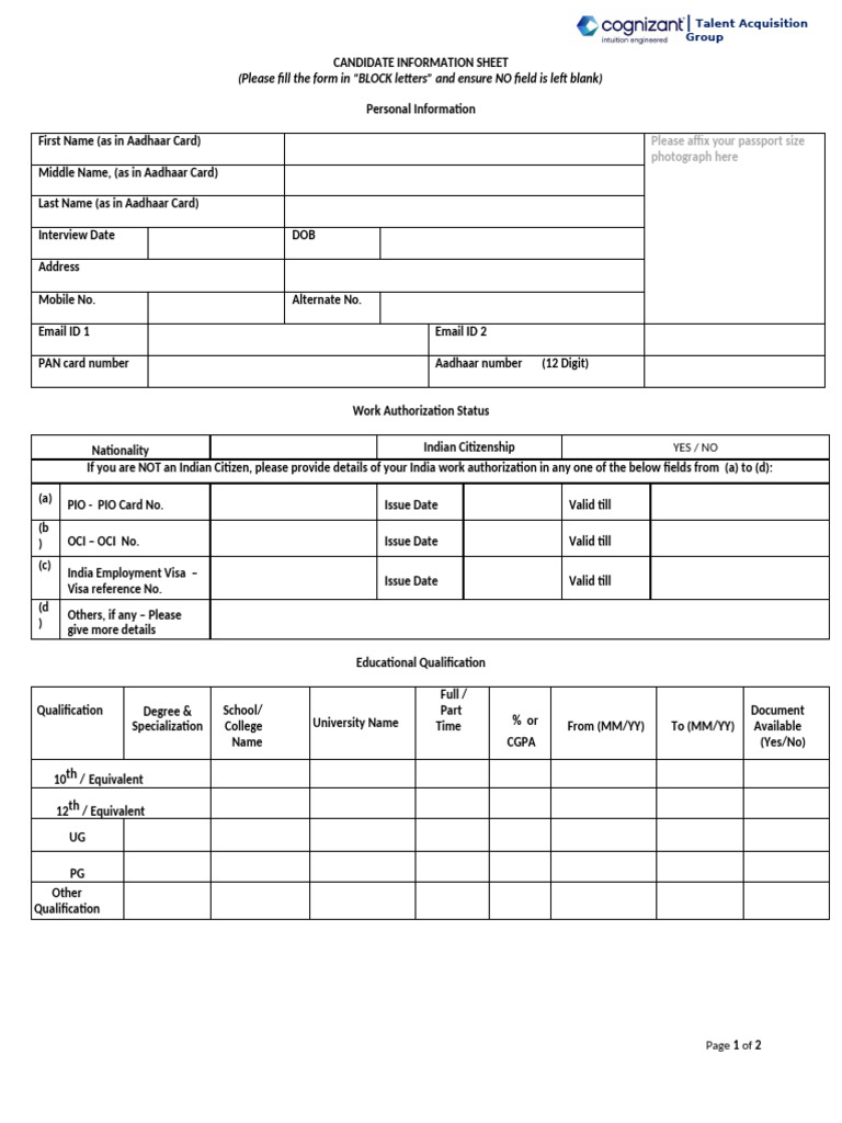 Cognizant Candidate Information Sheet | PDF | Government And Personhood ...