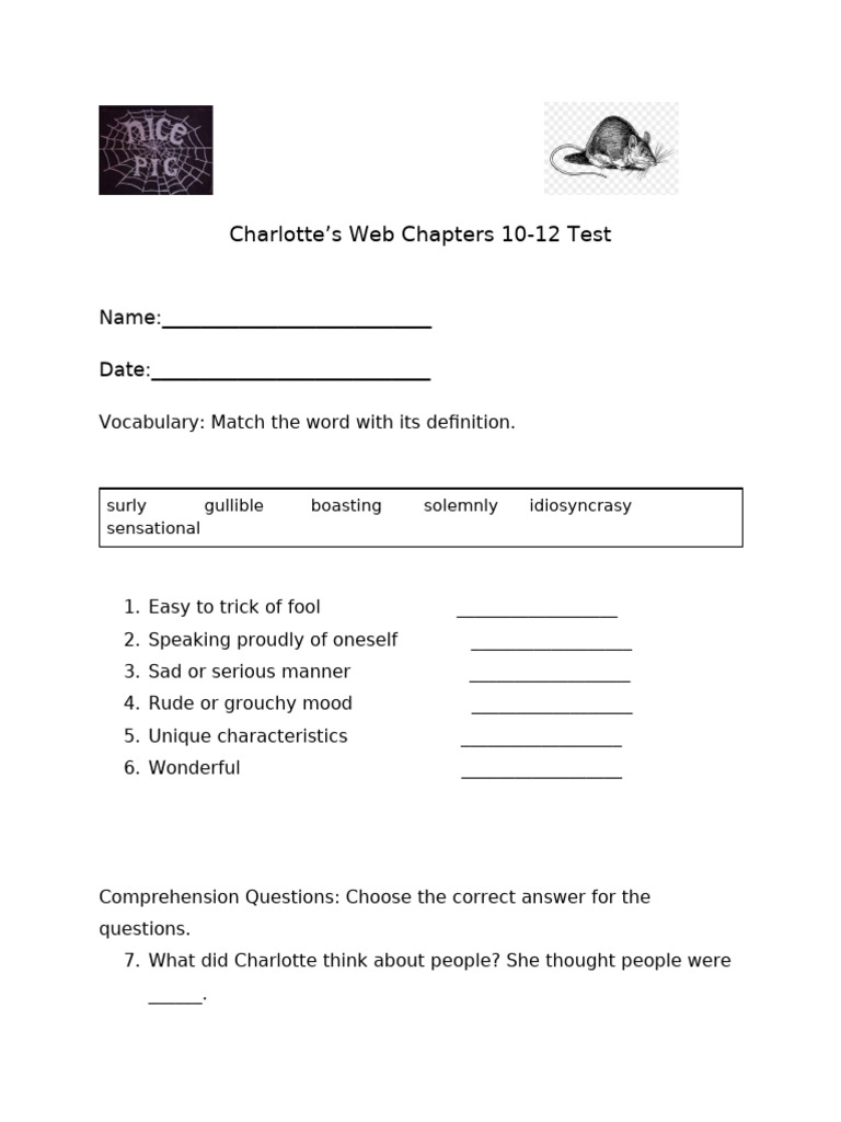 Charlotte's Web Test Ch. 10-12 | PDF