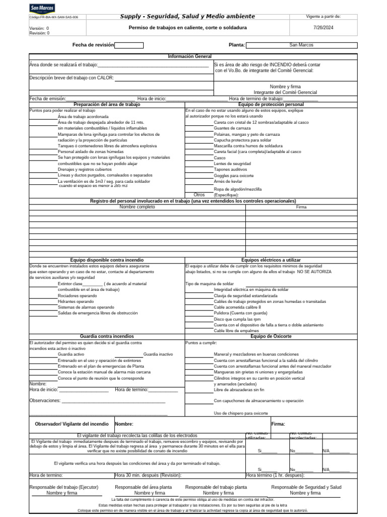Fr-Bia-Mx-Sam-Sas-006 Permiso de Trabajo en Caliente, Corte y Soldadura | PDF | Soldadura ...