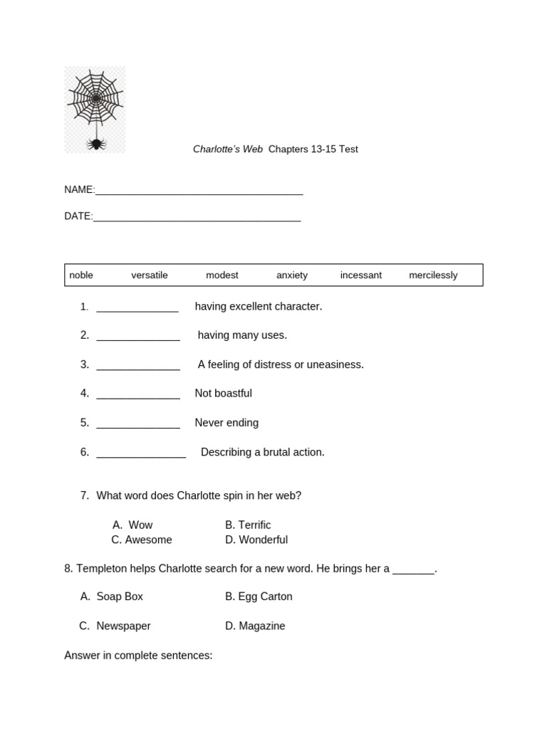 Charlotte's Web Chapters 13-15 Test | PDF