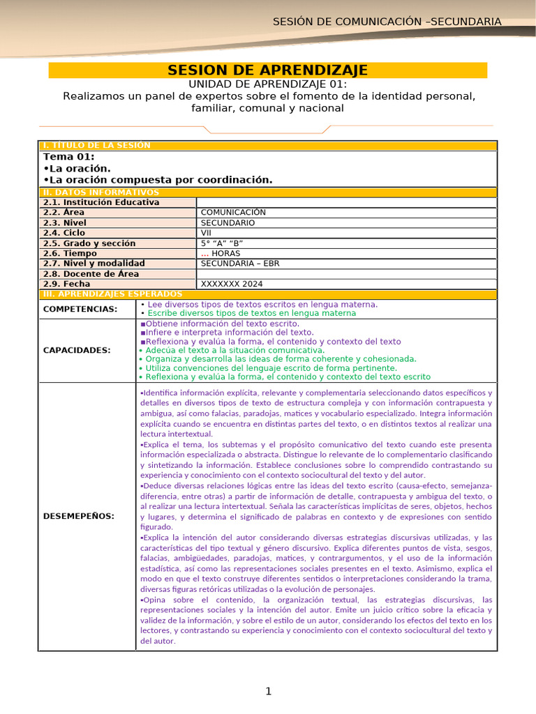 5° Sesion Actv 01 - Comunicación 2024 | PDF | Oración (Lingüística) | Enseñando
