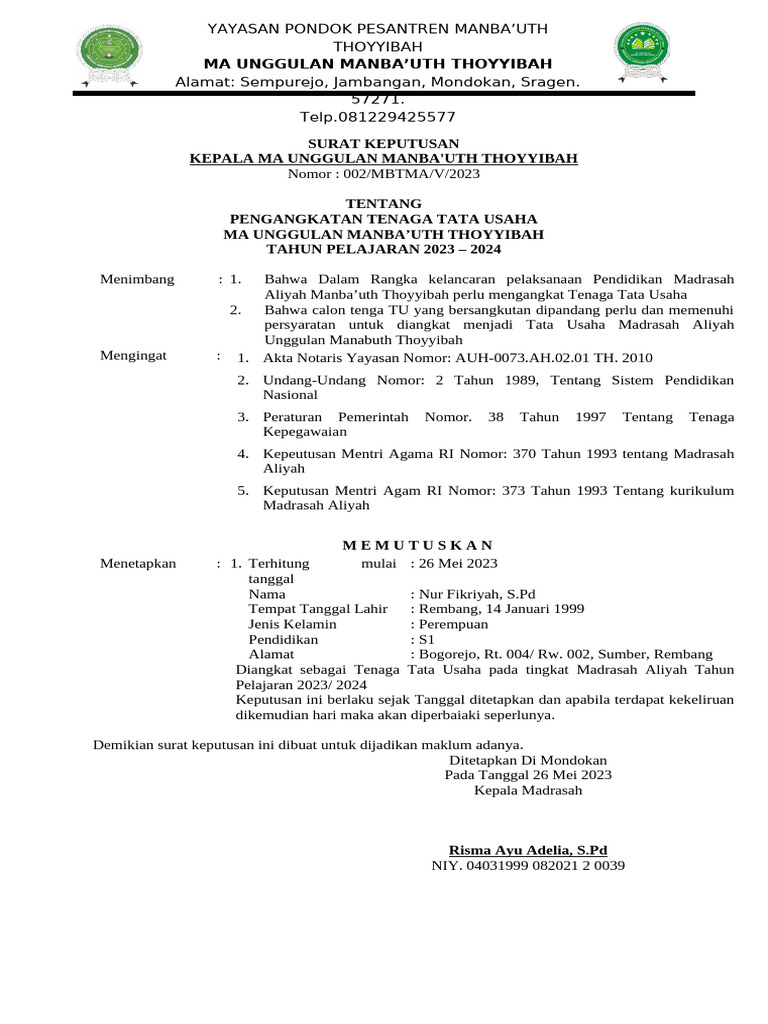 SK Tenaga Tata Usaha | PDF