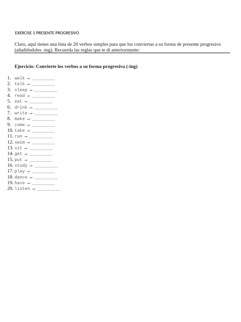 Exercise 1 Presente Progresivo | PDF