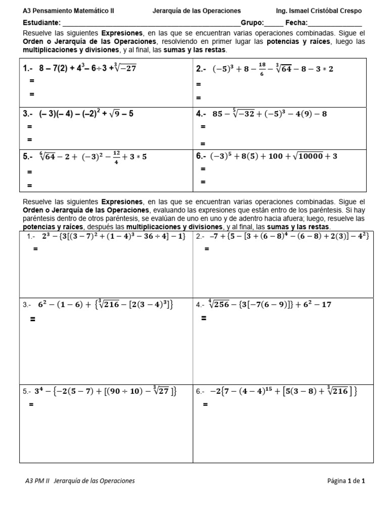 A3 PM II Jerarquía de Las Operaciones | PDF | Matemáticas