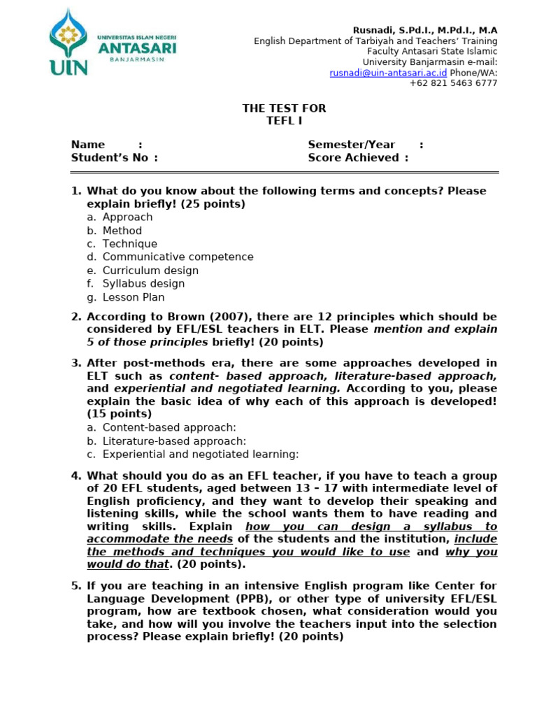 Test Questions for TEFL I - 2020 | PDF | English As A Second Or Foreign ...