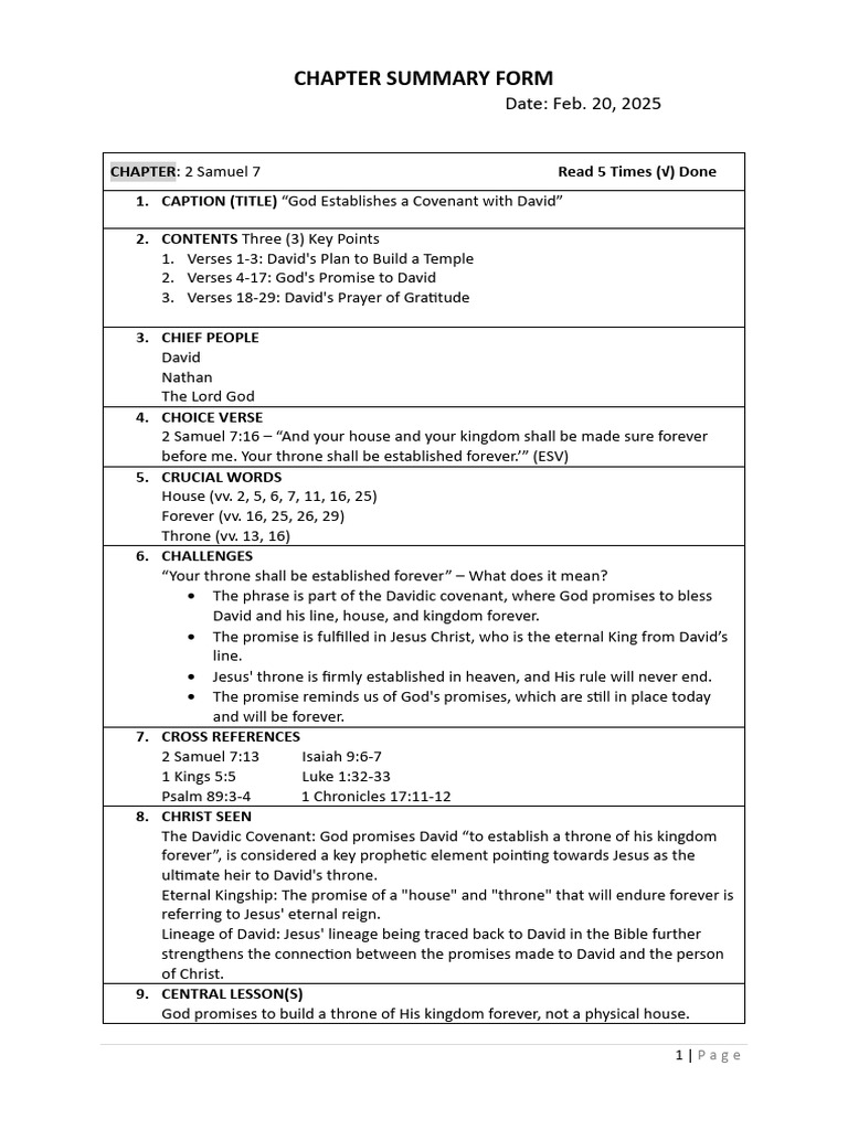 Chapter Summary 2 Samuel Chapter 7 | PDF | David | God In Christianity