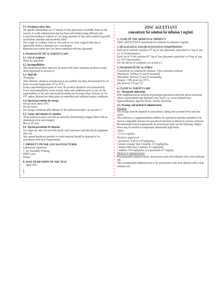 Zinc Aguettant Infusion Safety Data | PDF | Zinc | Intravenous Therapy