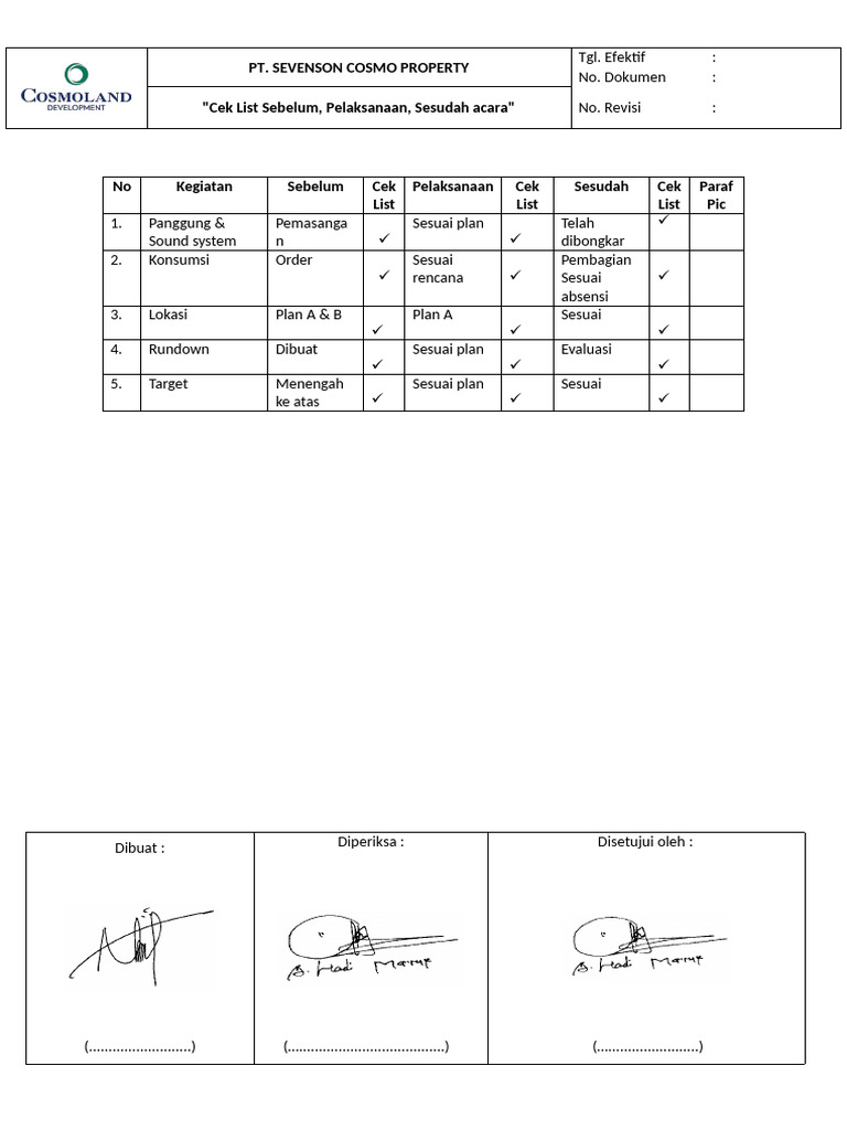 Cek List Acara PT Sevenson Cosmo | PDF