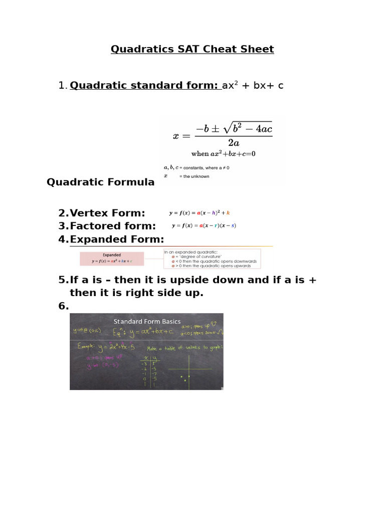 Quadratics SAT Cheat Sheet | PDF