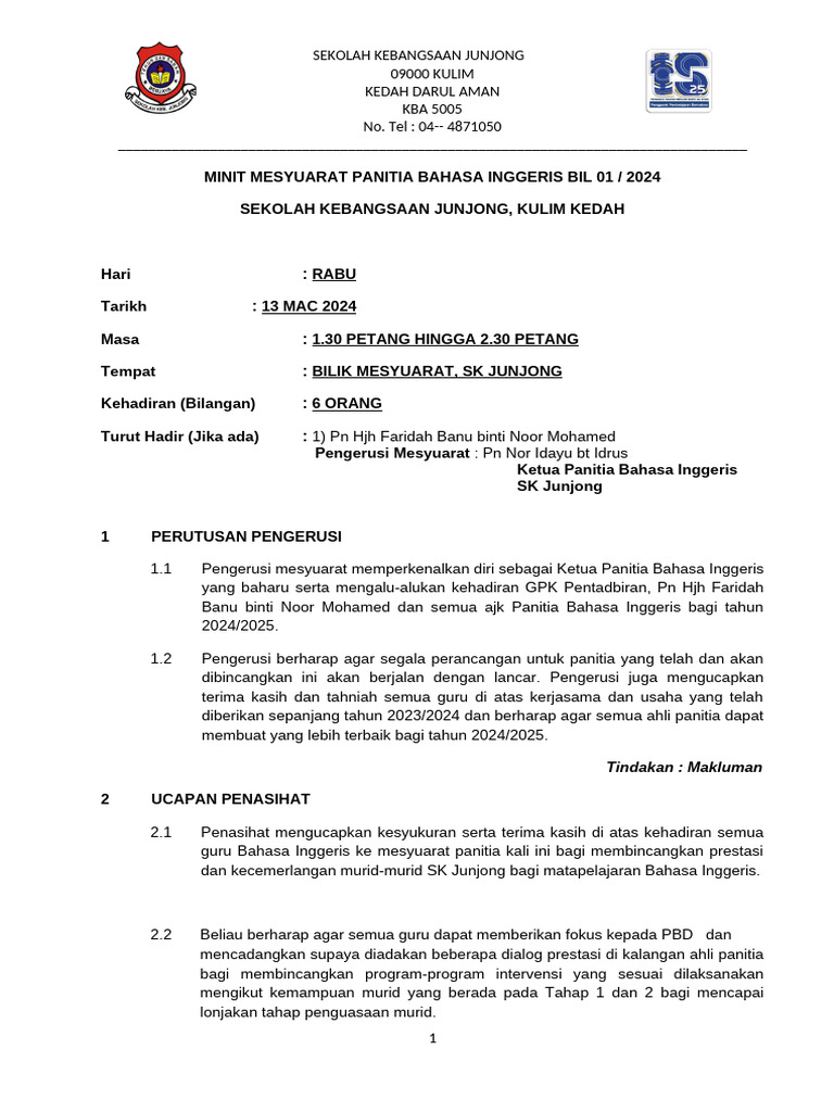 Minit Mesyuarat Panitia Bi Bil 1 - 2024 | PDF