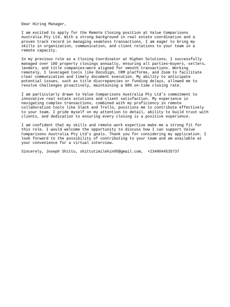Remote Closing Job Cover Letter | PDF