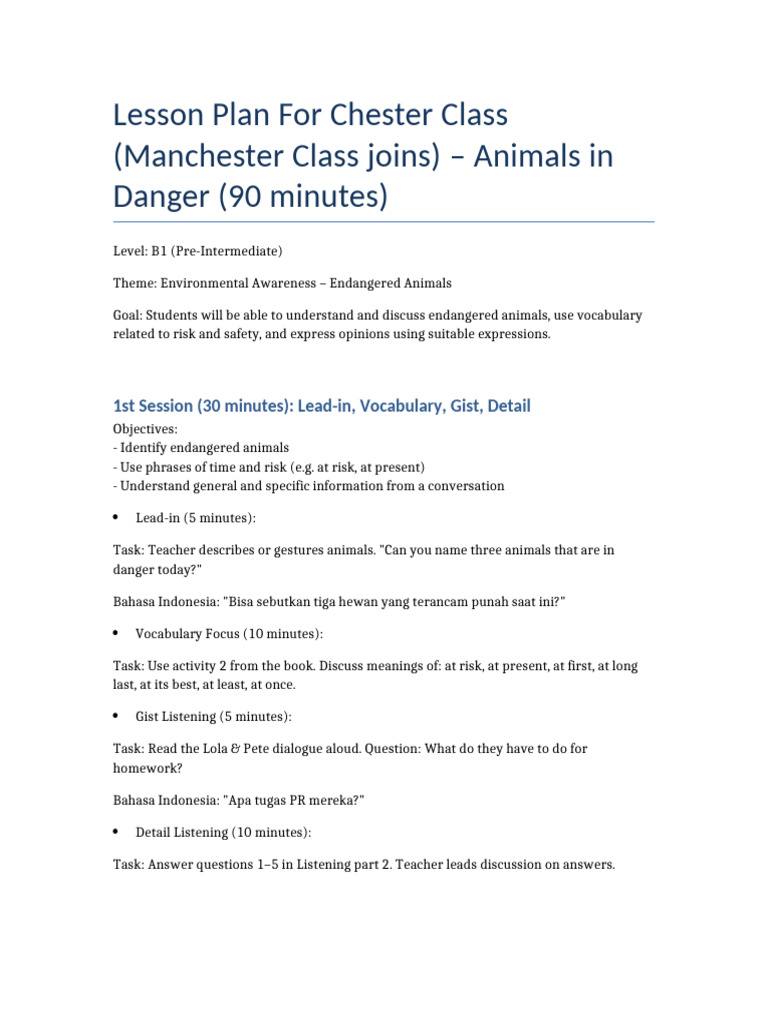 Endangered Animals Lesson Plan B1 | PDF | Communication | Linguistics