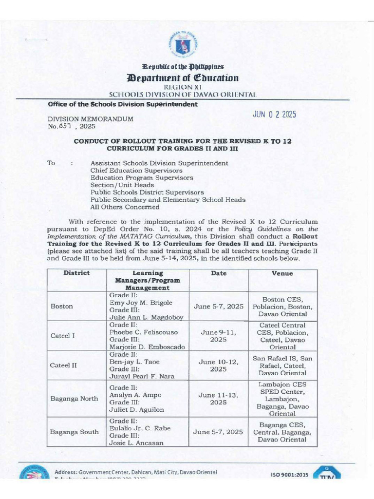 06 02 2025 Memo Rollout of Revised Kto2 Curriculum For Grades23 | PDF