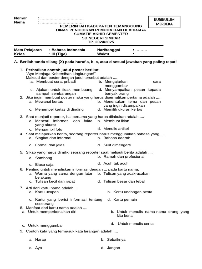 3. Naskah SAT Bhs. Indonesia Kls 3 | PDF