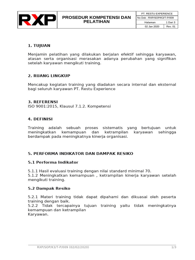 SOP-RXP-09 Prosedur Kompetensi Dan Pelatihan | PDF