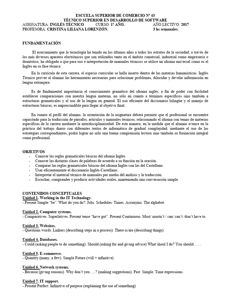 Planificación Ingles Tecnico I 2017 | PDF | Multilingüismo | Gramática