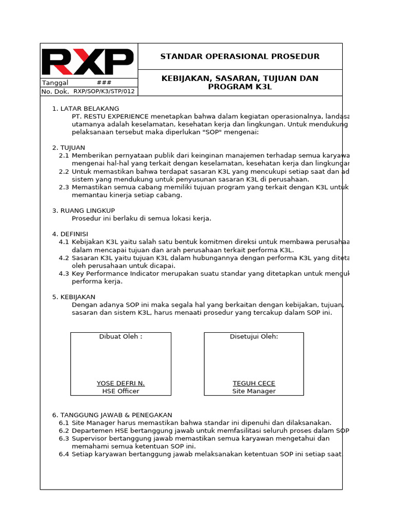 SOP-RXP-12 Kebijakan, Tujuan Sasaran Program k3 | PDF