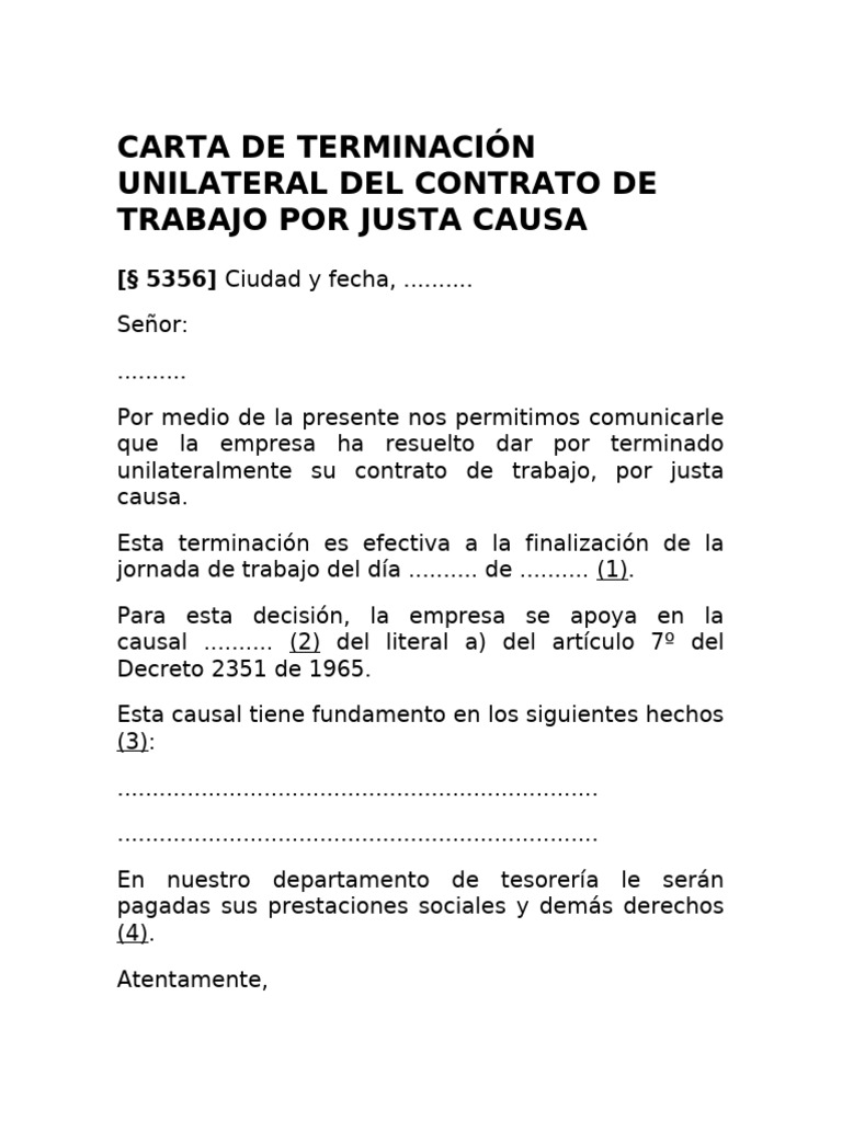 Carta de Terminacion Unilateral Del Contrato de Trabajo Por Justa Causa ...