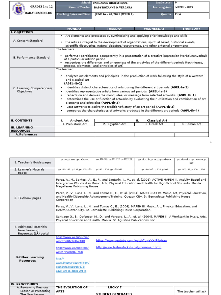 DLL_MAPEH-ARTS 9_Q1_W1 (1) | PDF | Ancient Egypt | Paintings