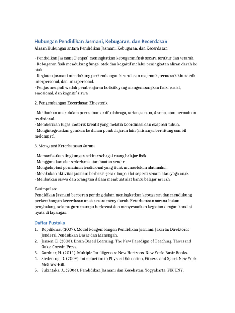 Pendidikan Jasmani Kebugaran Kecerdasan | PDF