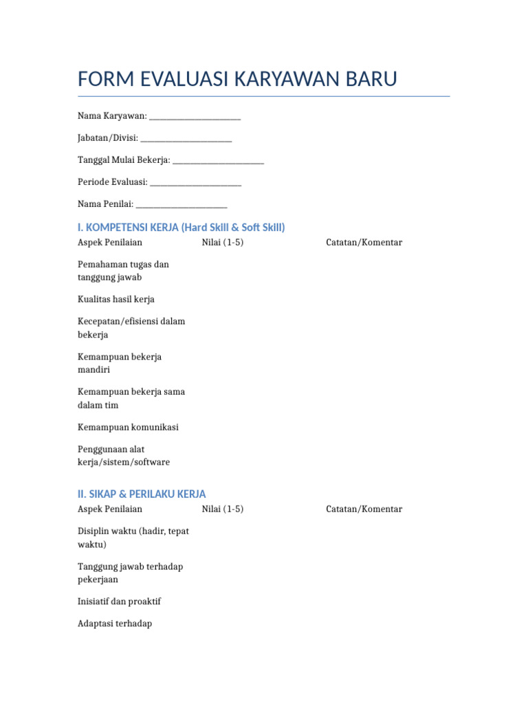 Form Evaluasi Karyawan Baru | PDF