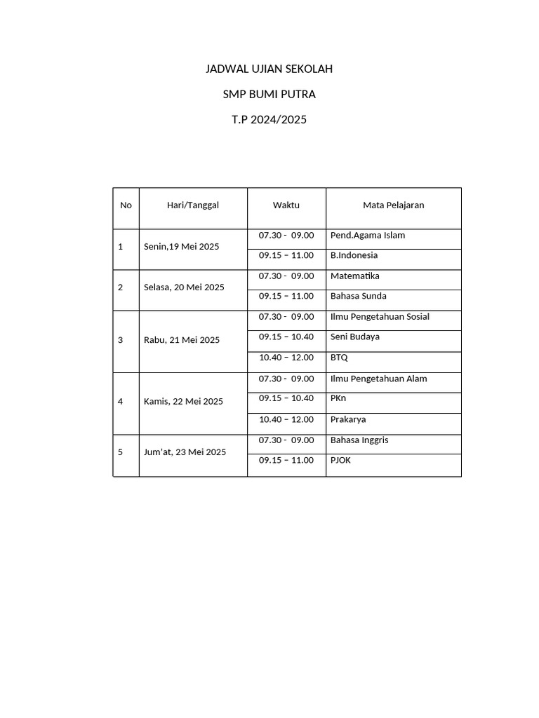 Jadwal Ujian Sekolah 2025 | PDF