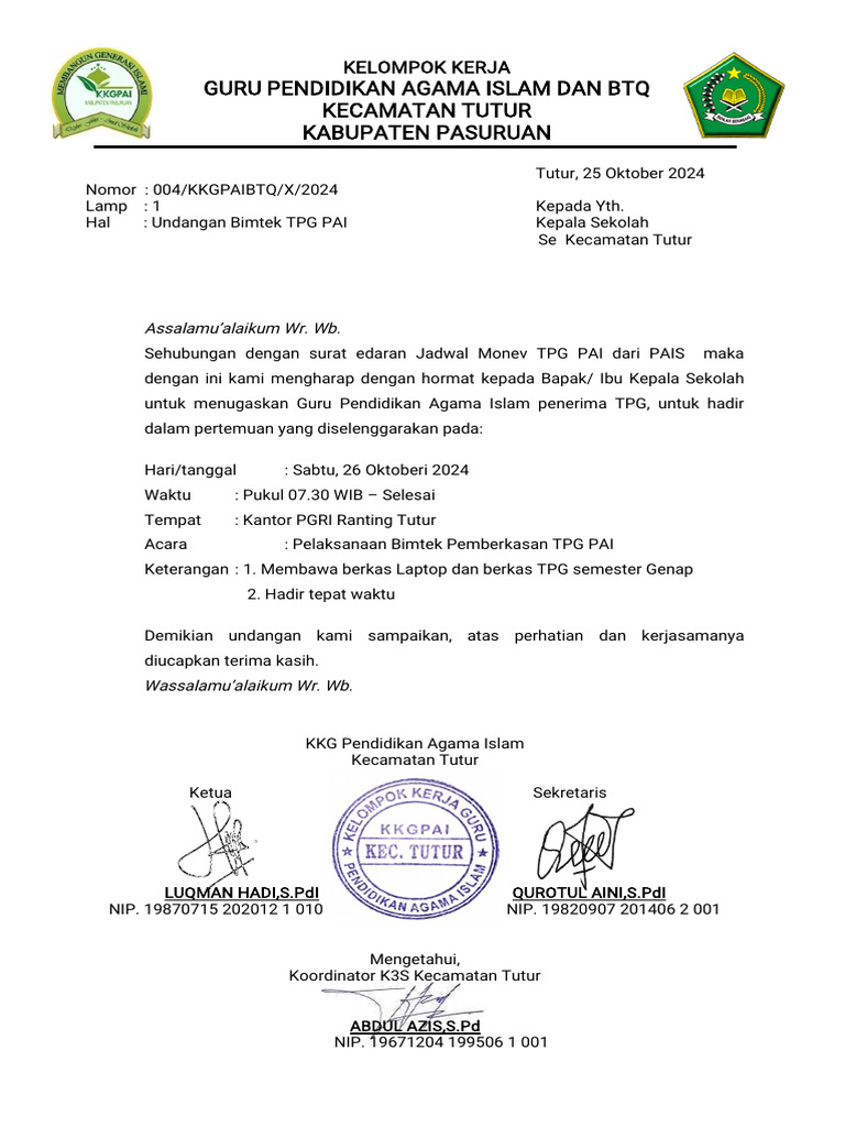 Undangan KKG PAI Oktober | PDF