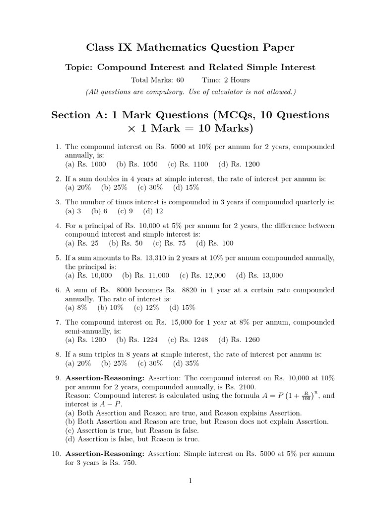Compound Interest IX 60 Marks Unit Test | PDF | Interest | Compound ...
