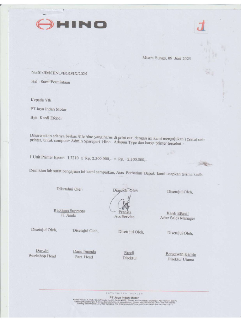 Contoh Memo PENGAJUAN PRINTER | PDF