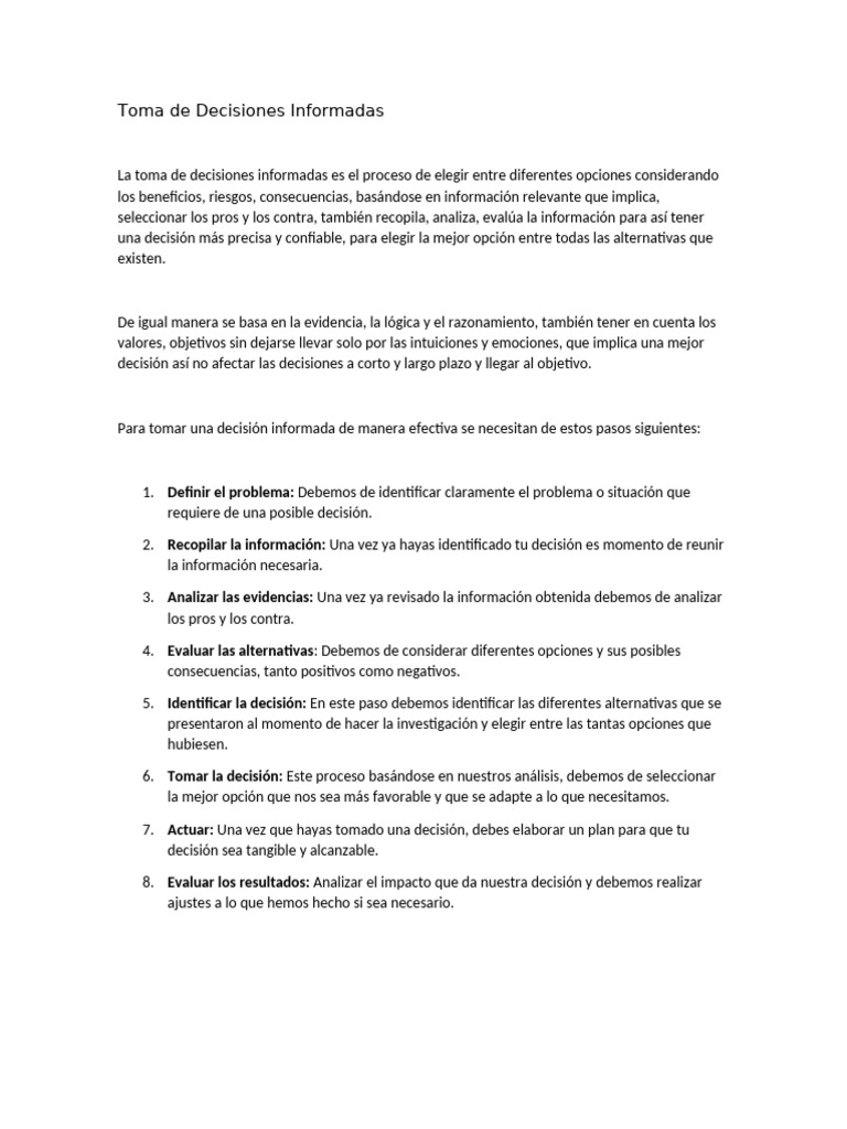 Toma de Decisiones Informadas | PDF | Toma de decisiones | Educación ...