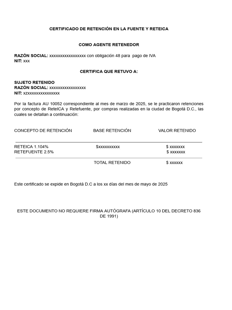Formato de Certificado de Retención en La Fuente y Reteica | PDF