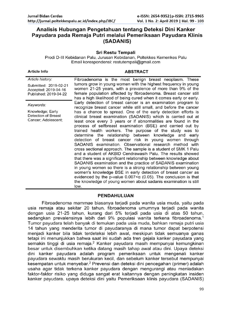 View of Analisis Hubungan Pengetahuan Tentang Deteksi Dini Kanker Payudara Pada Remaja Putri ...