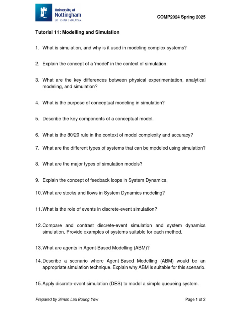 Tutorial 11 - Modelling and Simulation | PDF