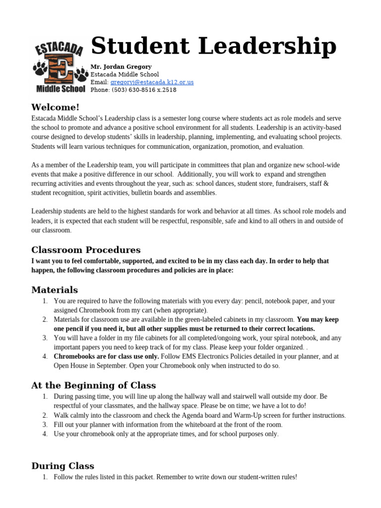 Student Leadership Syllabus 2018-2019 | PDF | Leadership | Classroom