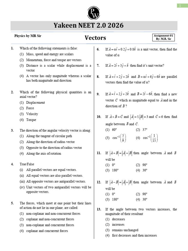Vectors: Assignment 01 - Physics by MR Sir | PDF | Velocity | Euclidean Vector